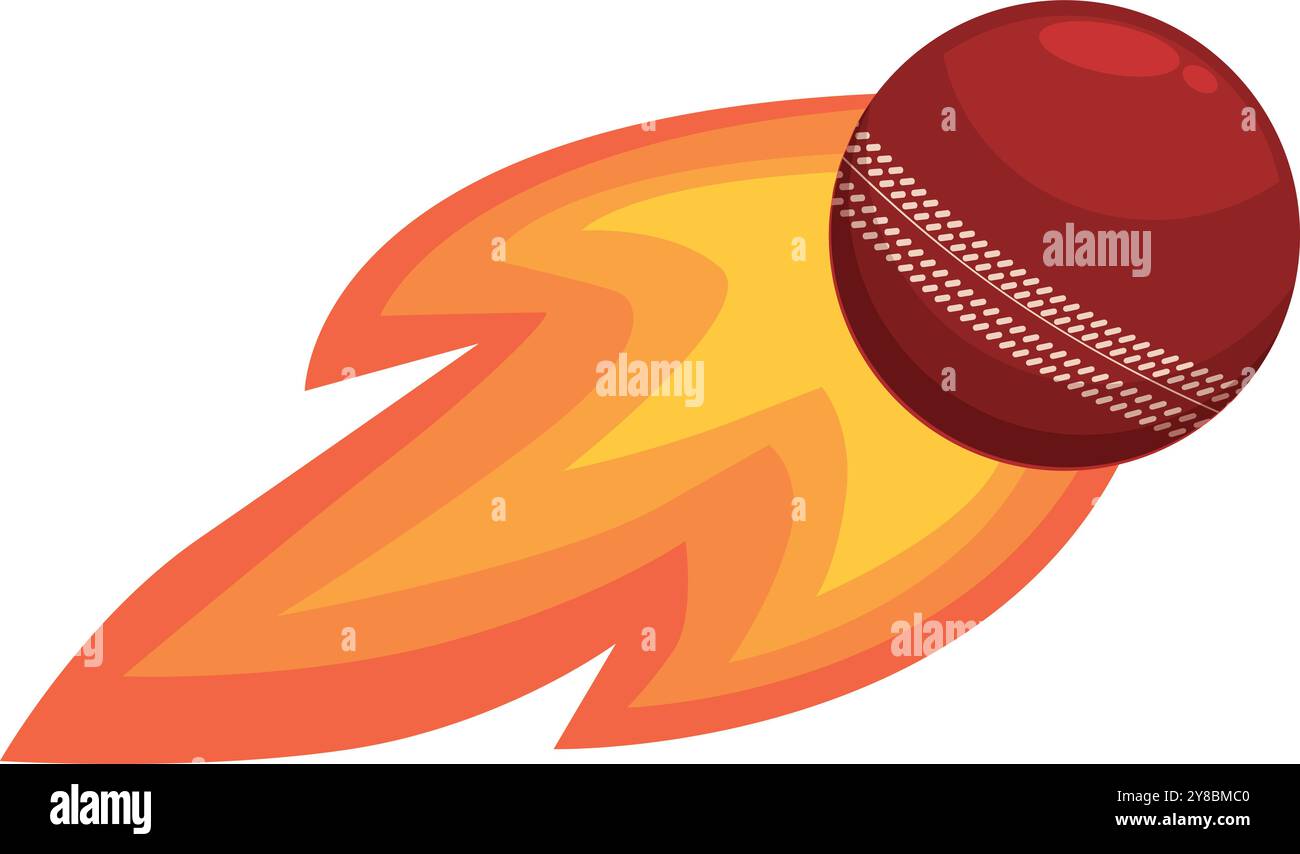 Red cricket ball is flying through the air with a trail of fire behind ...