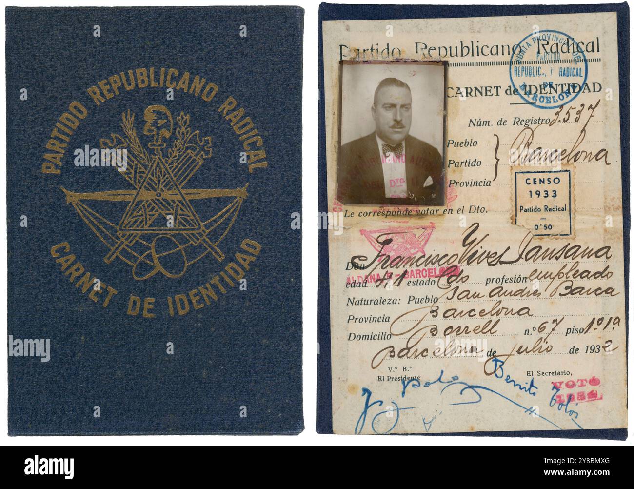 España. Catalunya. Carnet de identidad del Partido Republicano Radical ...