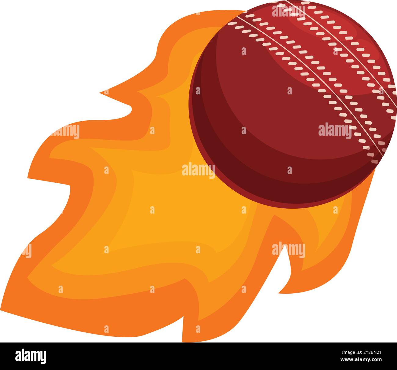Red cricket ball is flying through the air with flames surrounding it ...