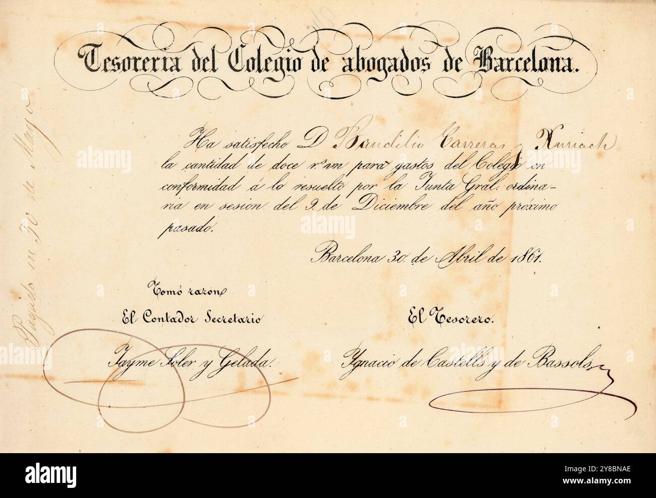 España. Barcelona. Recibo de gastos expedido por la Tesorería del ...