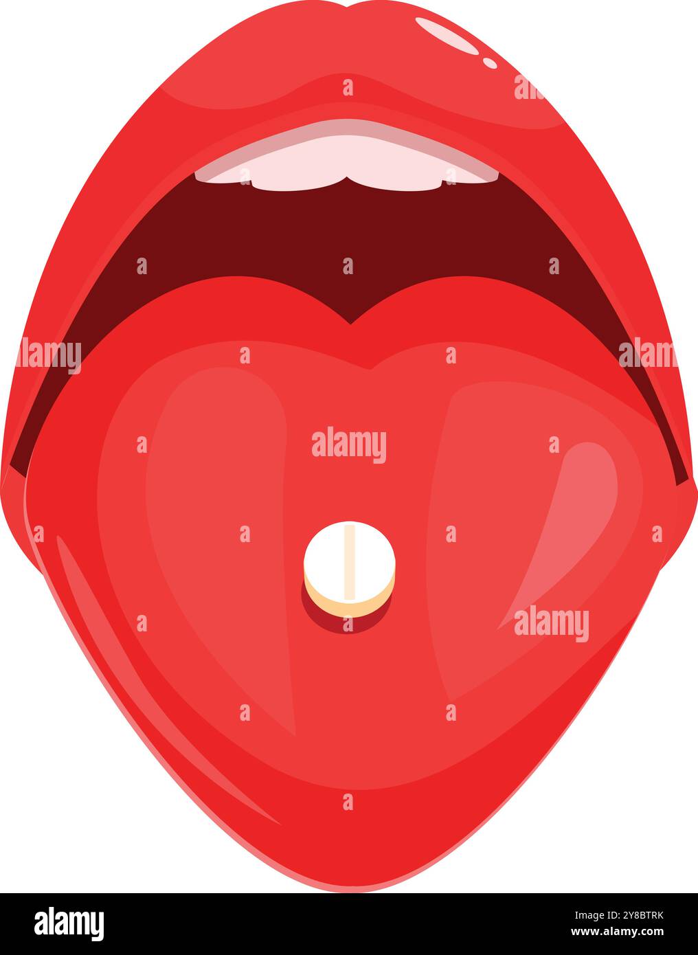 Open mouth holding a pill on tongue shaped like a heart, medical ...