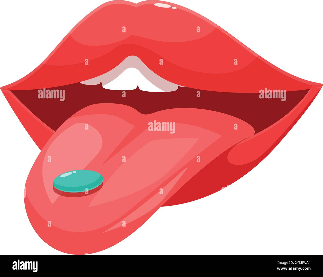 Open mouth with tongue holding a pill between teeth and sticking out ...