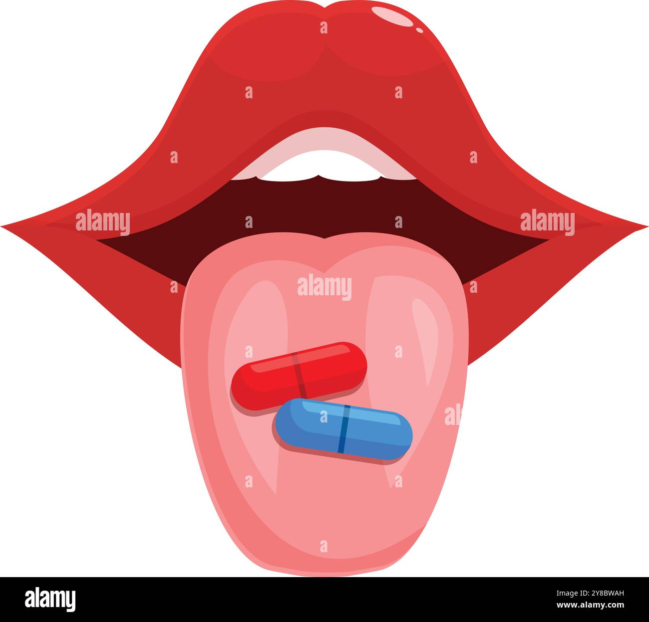 Cartoon illustration of a mouth taking medicine in the form of pills ...