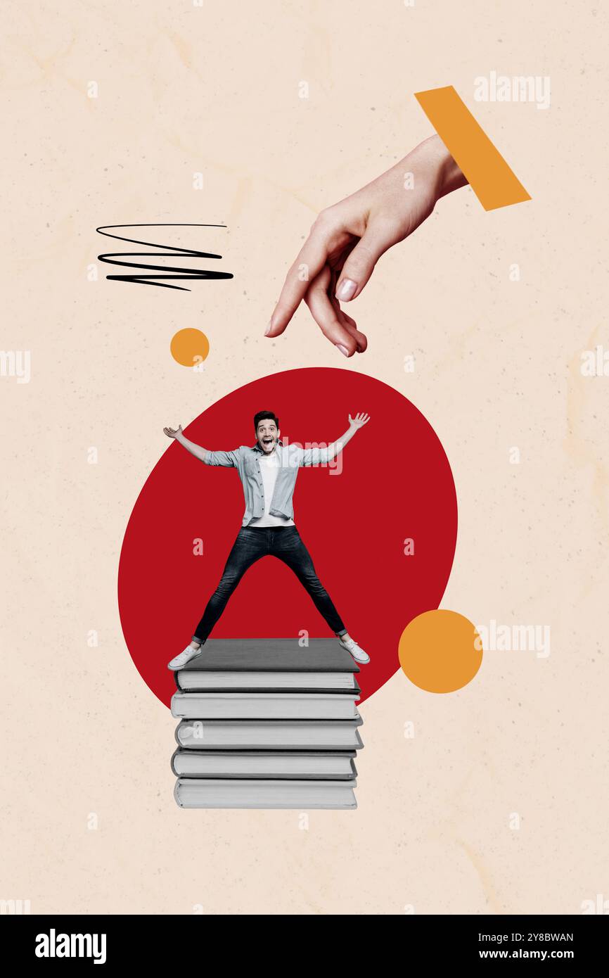 Vertical collage poster young jumping man amazed cheerful energetic ...