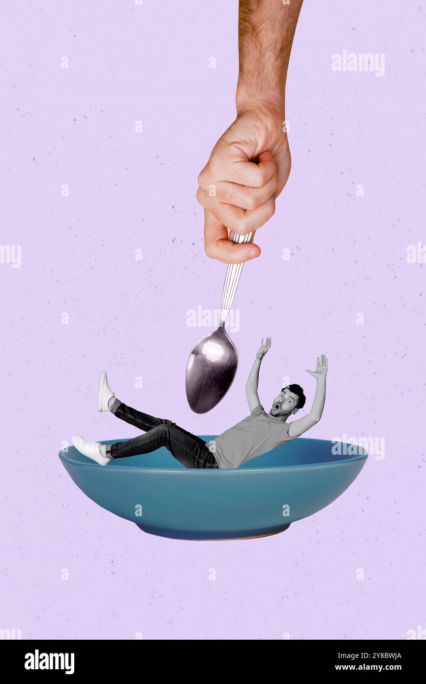 Vertical poster collage young man falling bowl plate kitchen dish meal ...