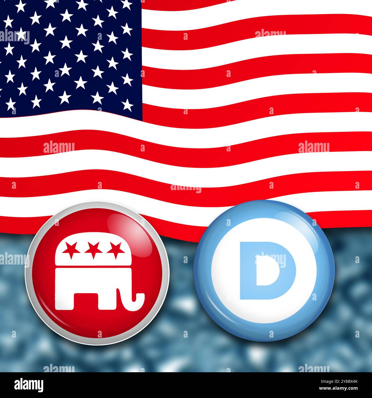 flag of USA and symbols of political paries democrats and republicans ...