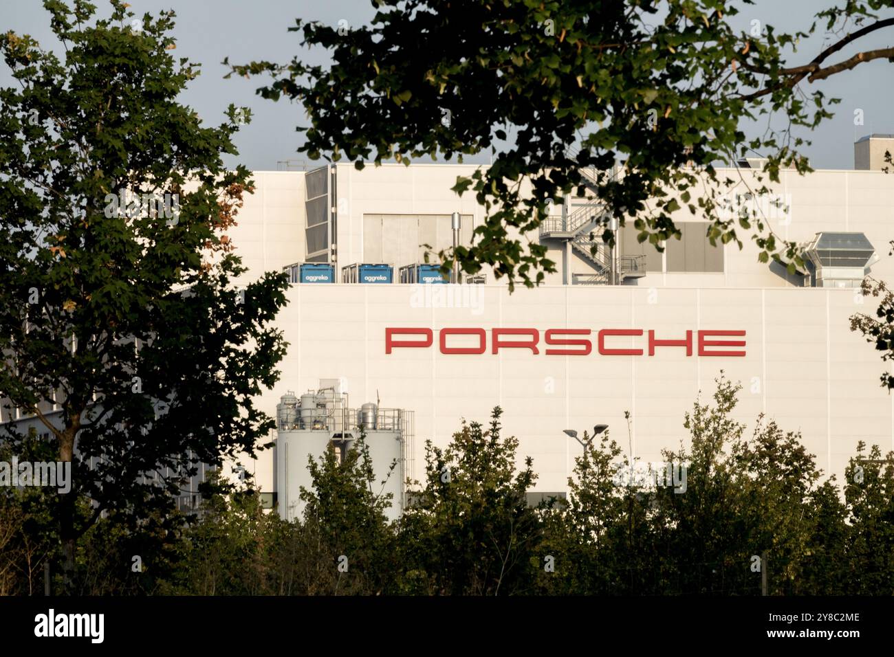 Porsche Logo on Factory, Automotive Industry Porsche Plant near Leipzig ...