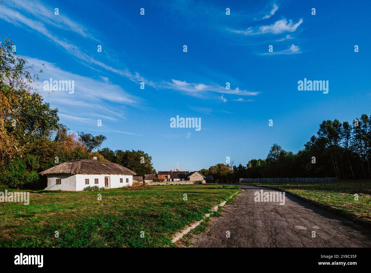 Peaceful rural scene featuring a traditional thatched-roof house and a ...