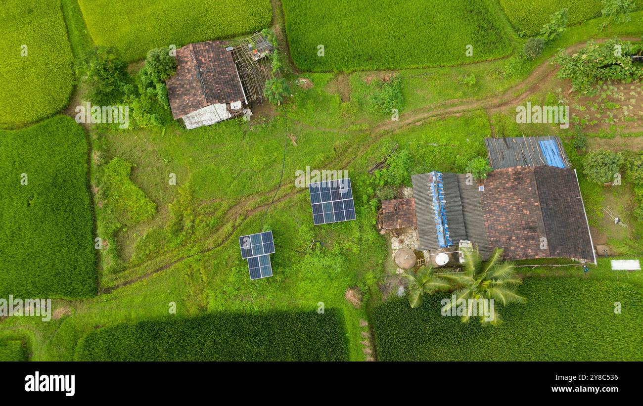 Aerial shot of Beautiful Farm land with village house. Peaceful village ...