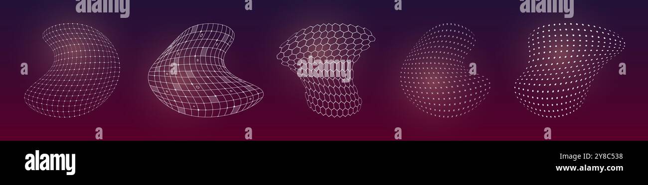 HUD futuristic distorted 3D elements surface grid set. Digital UI ...