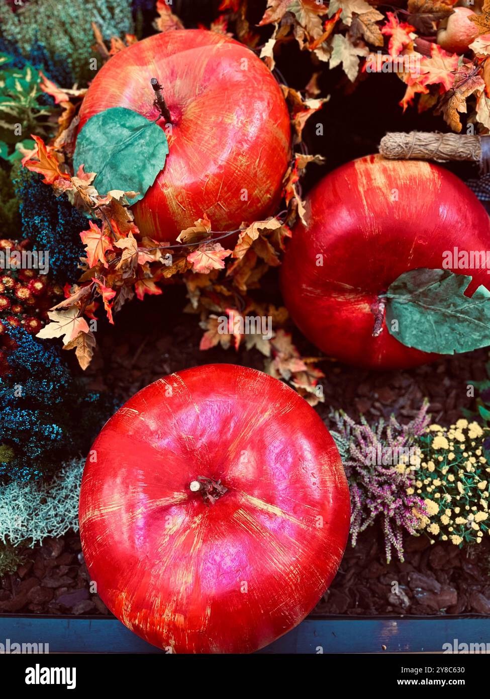 Vertical oriented Picture of Arrangement from Flowers, Pumpkin, Apples ...