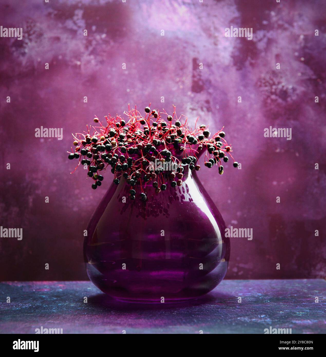 Purple glass vase with ripe elderberries overhanging with soft purple ...