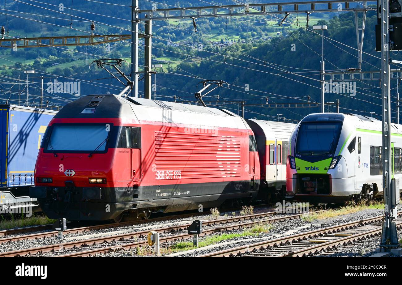 SBB Class Re 460 electric loco and BLS Stadler Flirt / MIKA EMU at Brig station, Valais ...
