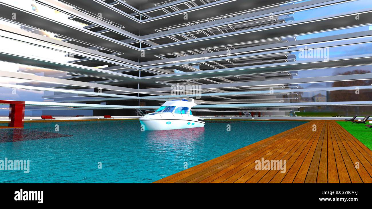 A light motor yacht is anchored in the docking area of an upscale ...