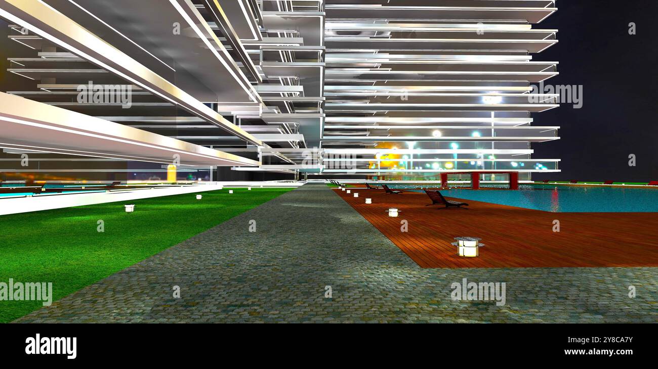 A perspective view of a granite pedestrian path between the pool and ...