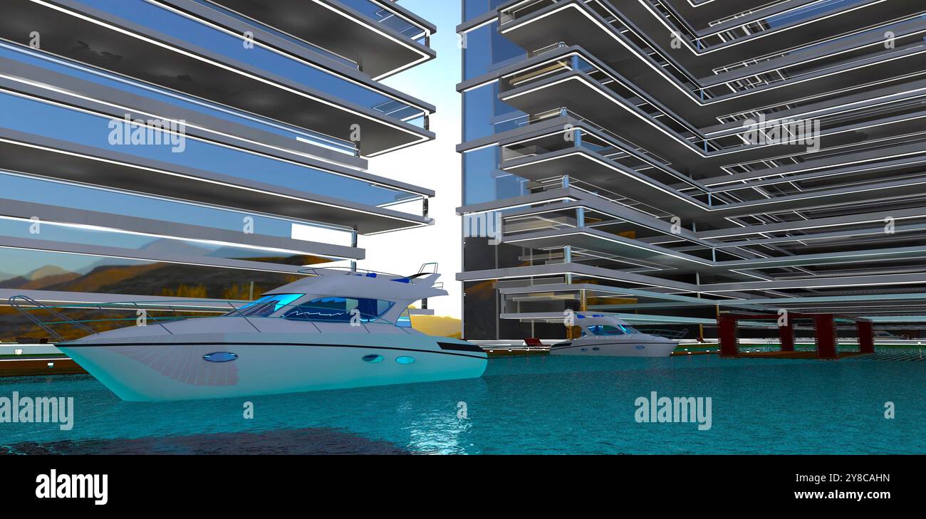A white motor yacht at anchor in the docking area of a modern ...