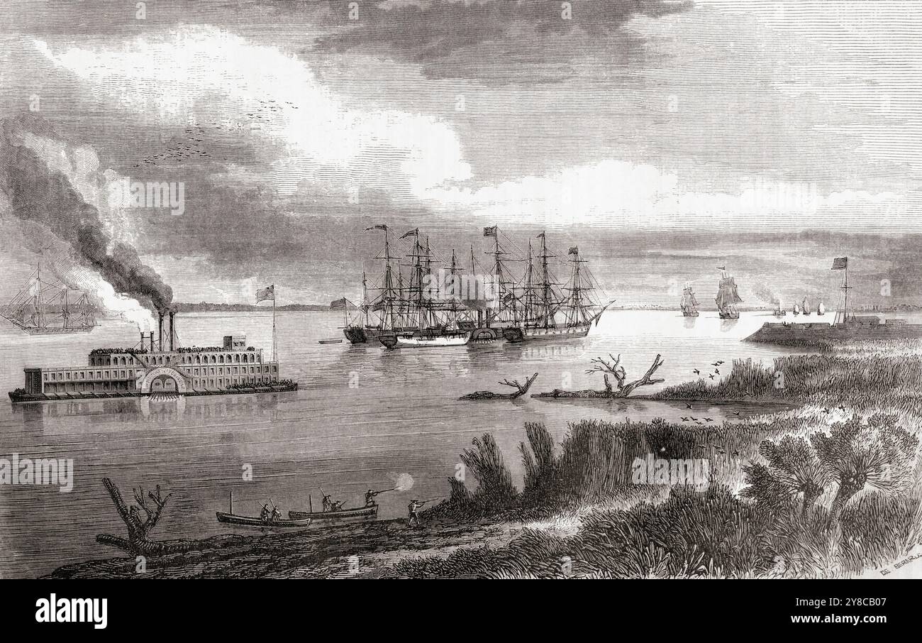 Paddle steamer and other ships on the Mississipi River, seen during the ...