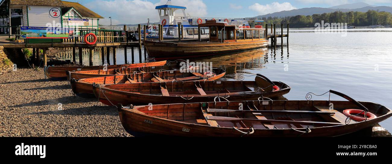 The wooden rowing boats on Lake Windermere, Ambleside town, Cumbria ...