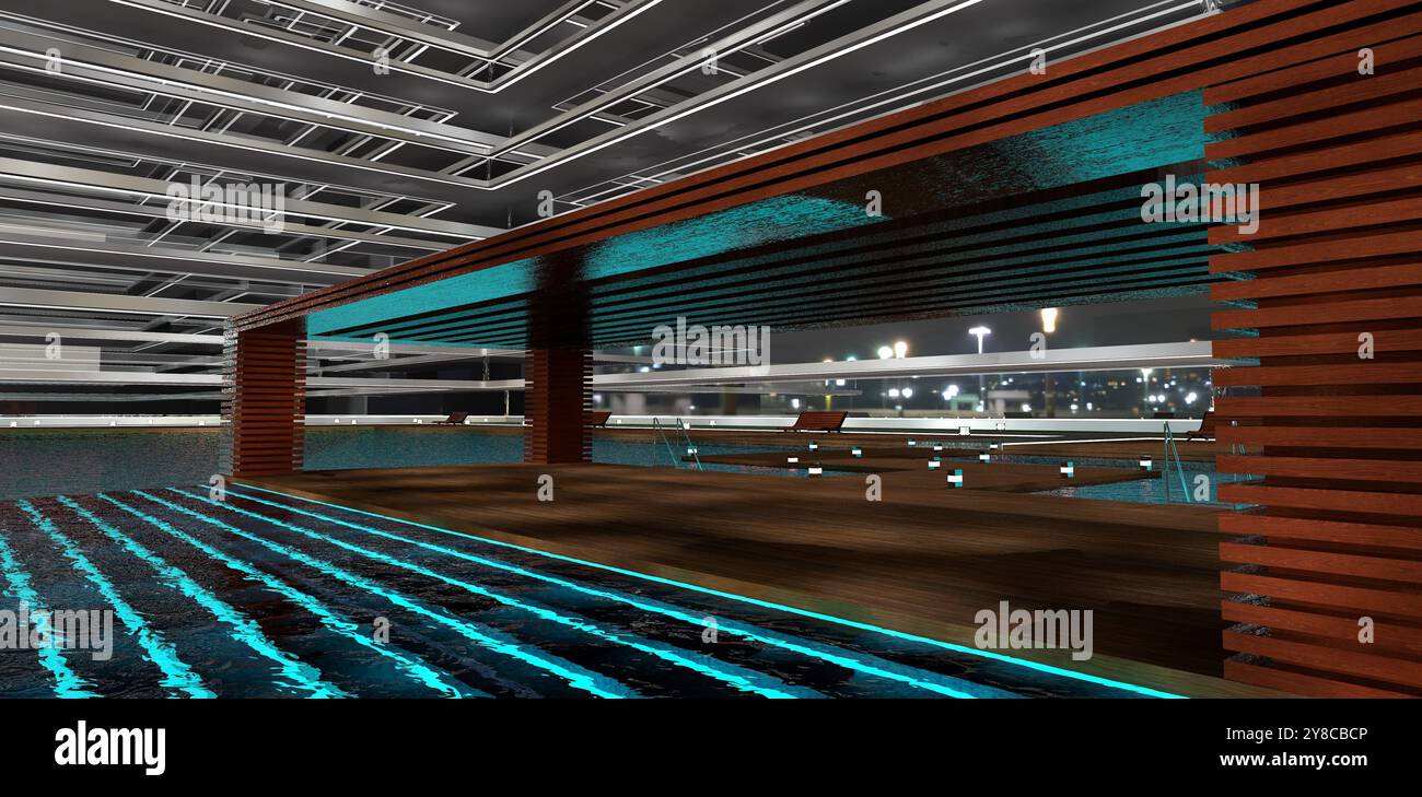 Design of an elegant wooden patio located in the pool of a luxury ...