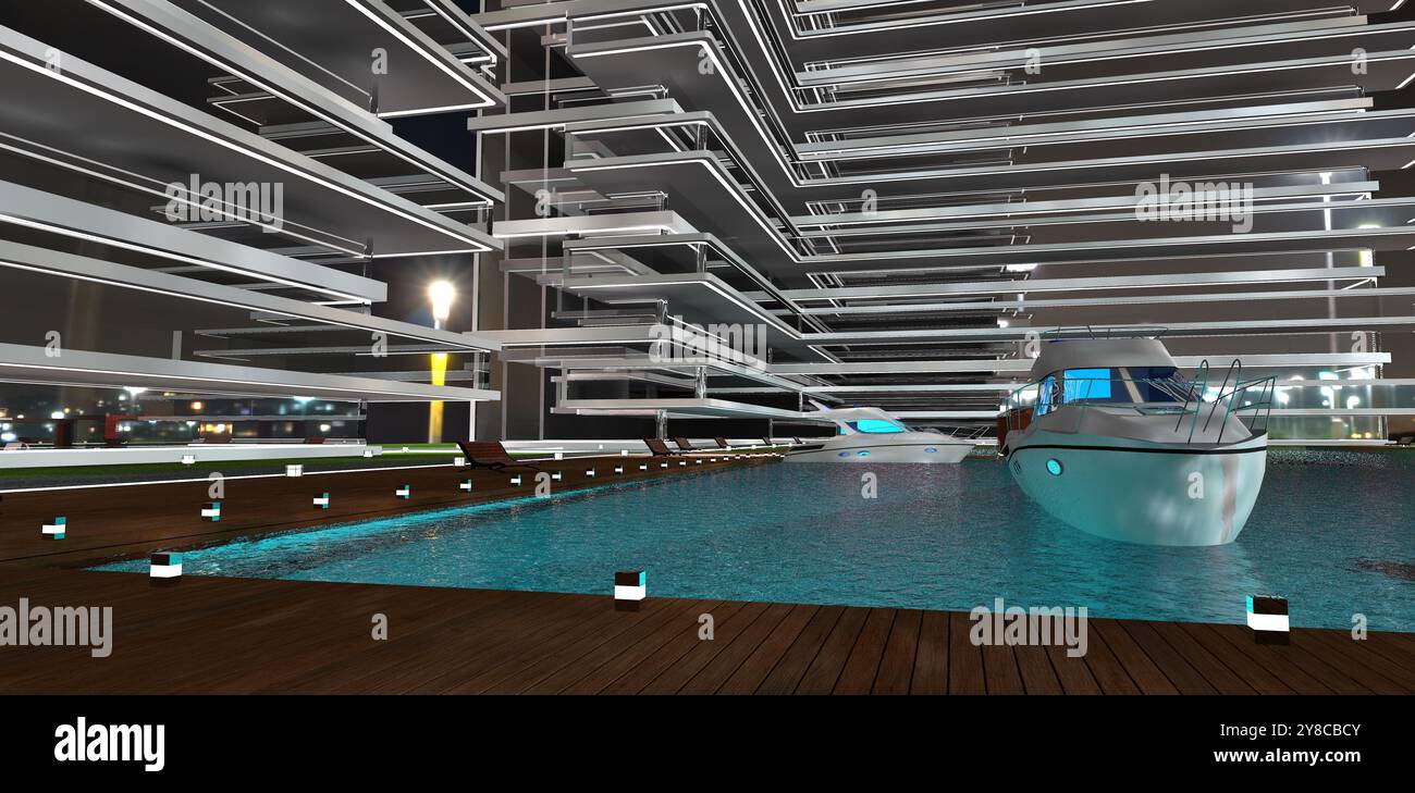 Docking area of an upscale residential complex in Oregon. Illuminated ...