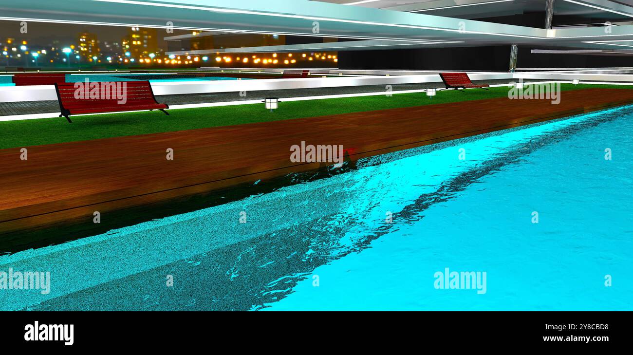 Yellow glowing curb of the brick paved walkway to the swimming pool of ...