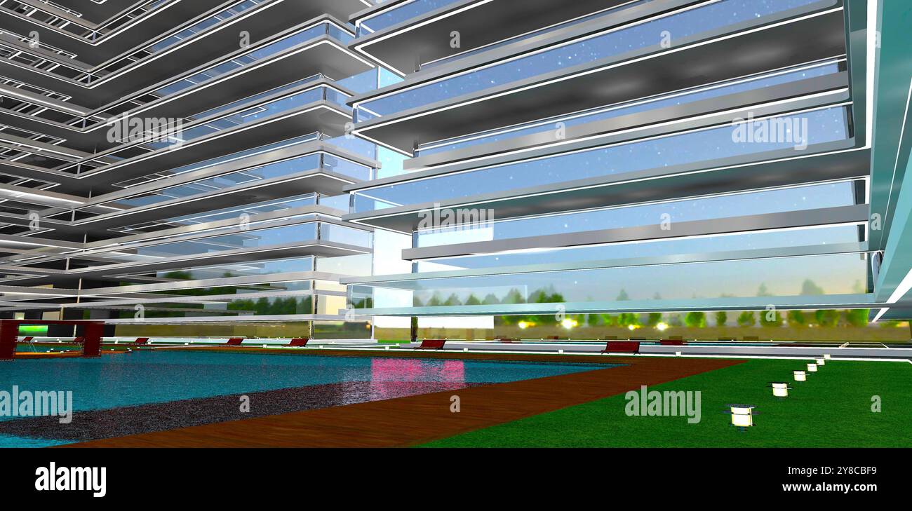 Evening at the new office center with a swimming pool. Several ground ...