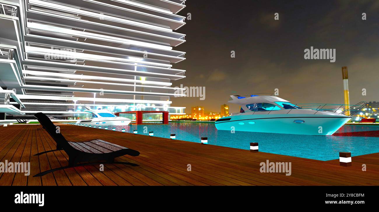High-tech hotel area with a private docking zone, view of a light ...