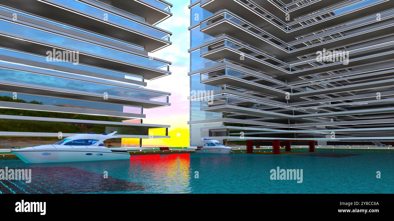 The rising sun in the passage between buildings leads to the docking ...