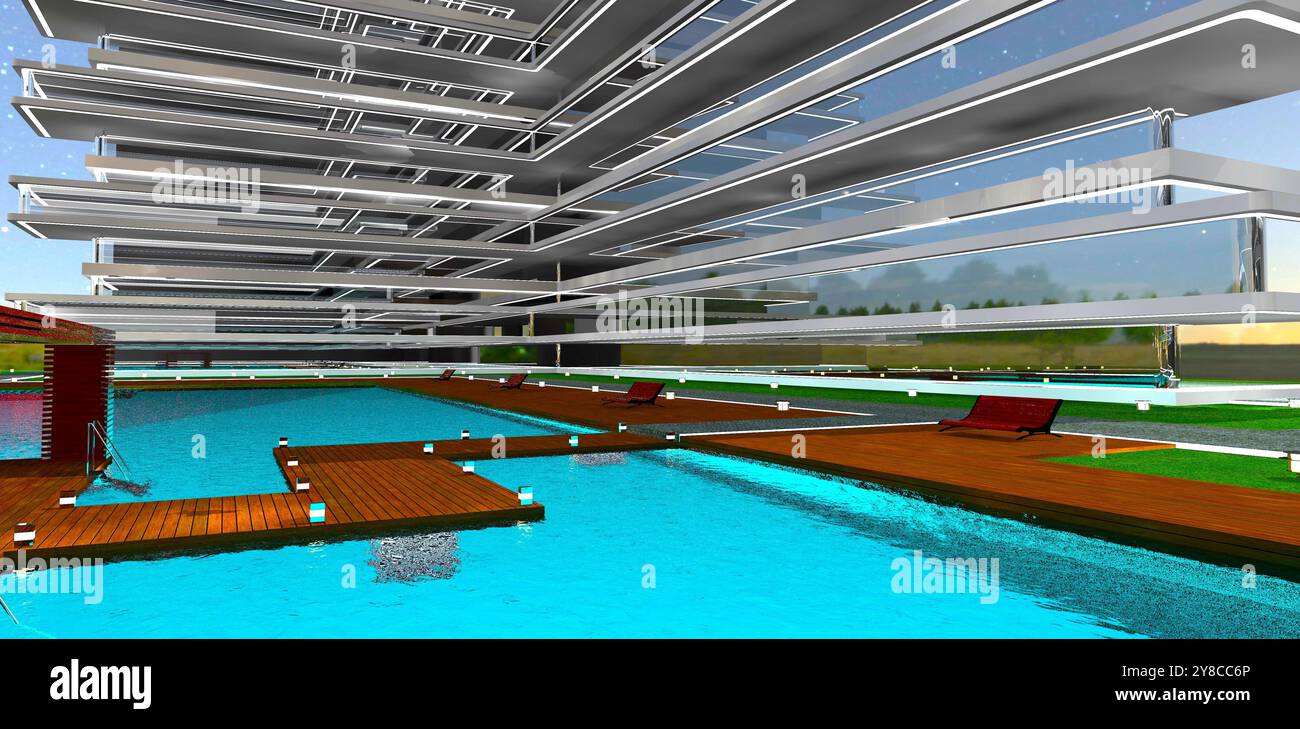 Wooden walkway across the pool to the patio at the territory of a ...