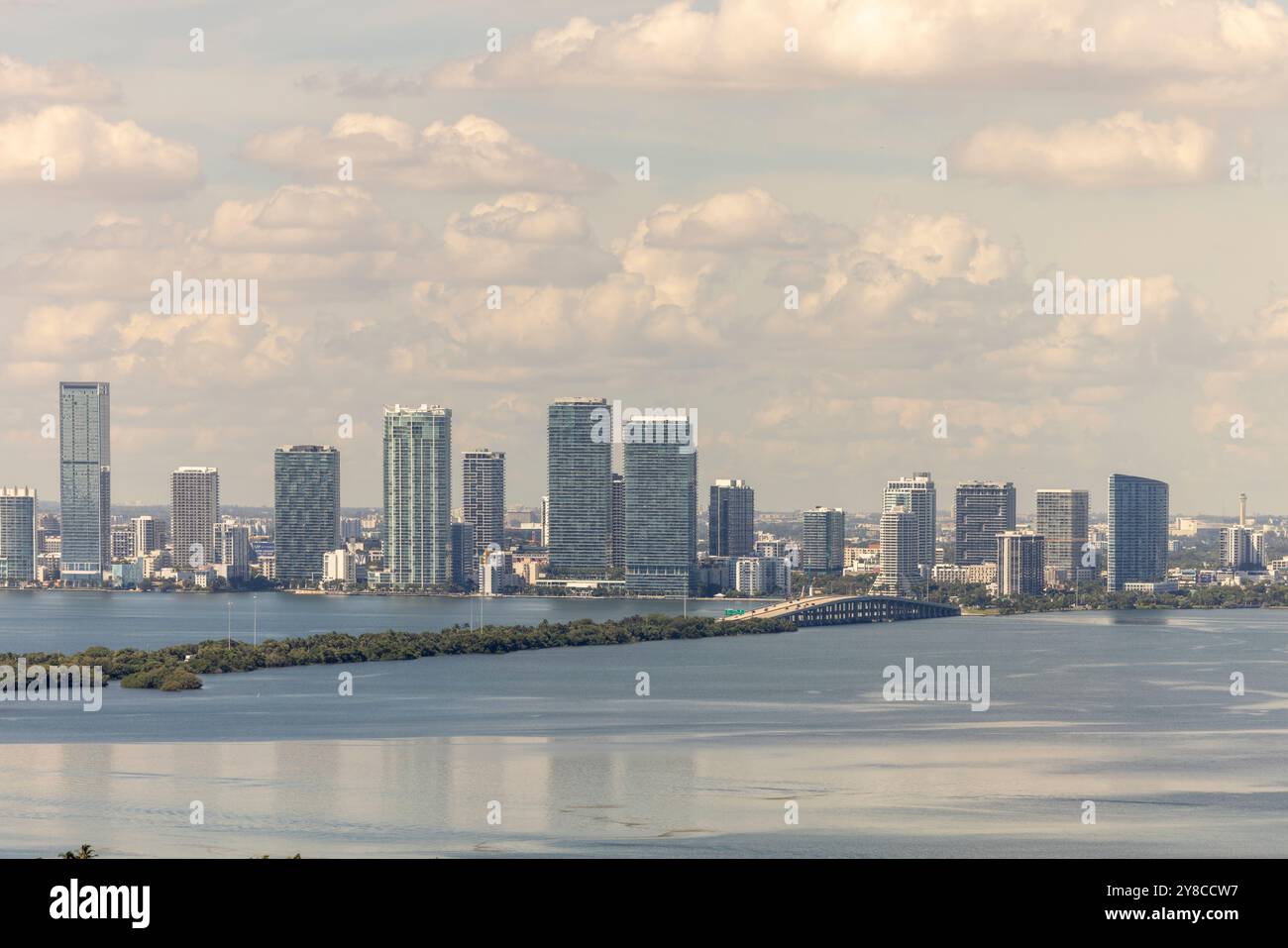 Panoramic view of the Miami Skyline seen from a high-rise building in ...