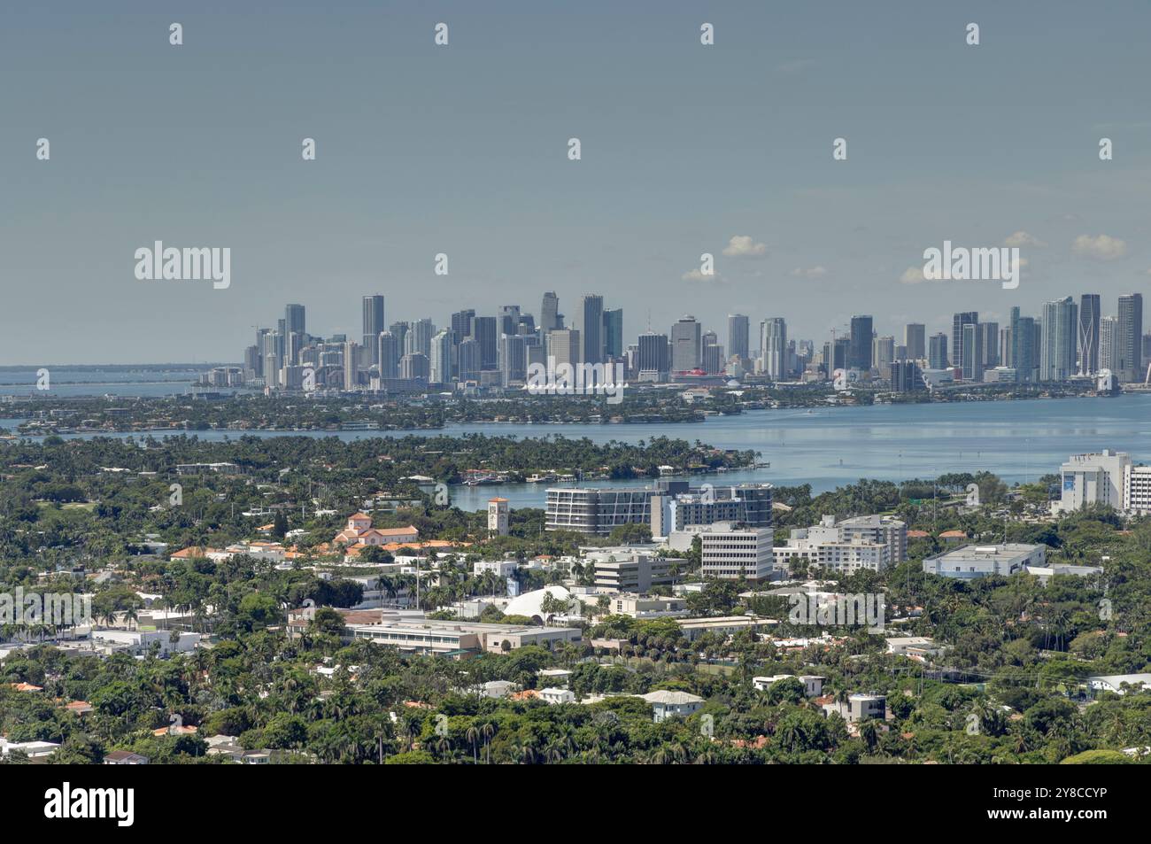 Panoramic view of the Miami Skyline seen from a high-rise building in ...
