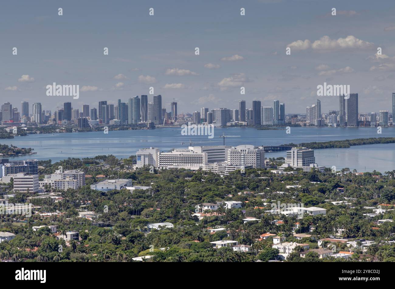 Panoramic view of the Miami Skyline seen from a high-rise building in ...