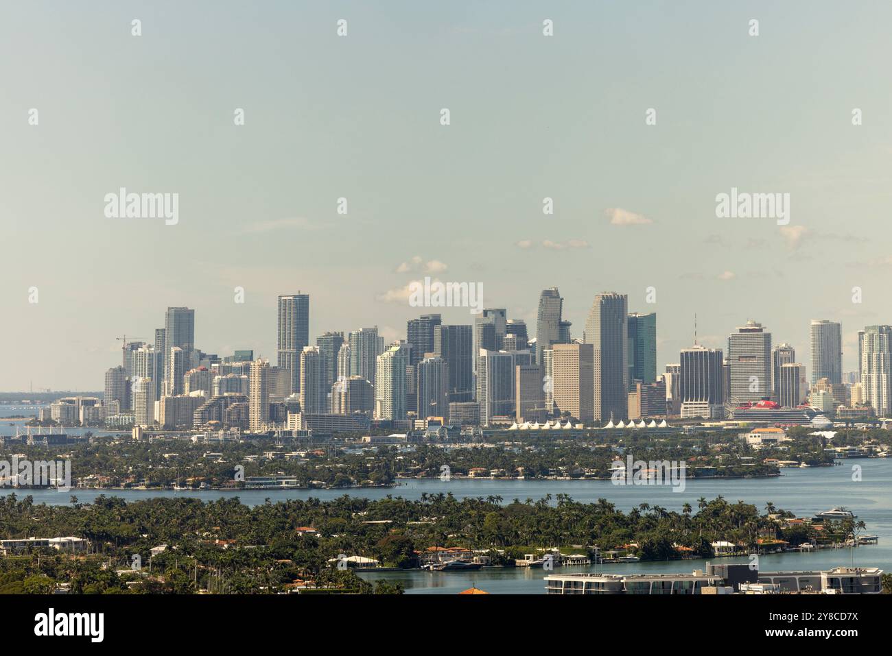 Panoramic view of the Miami Skyline seen from a high-rise building in ...