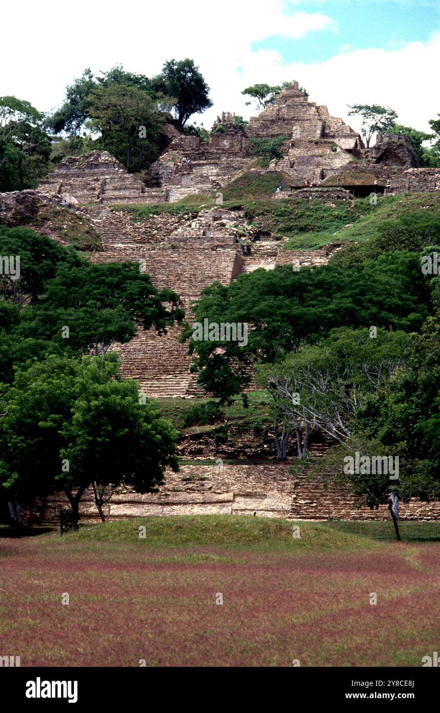 View of seven stepped platforms of the acropolis, Tonina Maya ruins ...