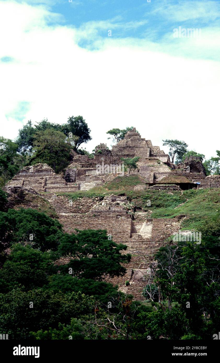 View of seven stepped platforms of the acropolis, Tonina Maya ruins ...