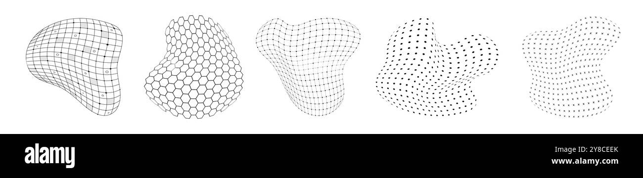 HUD futuristic distorted 3D elements surface grid set. Digital UI ...