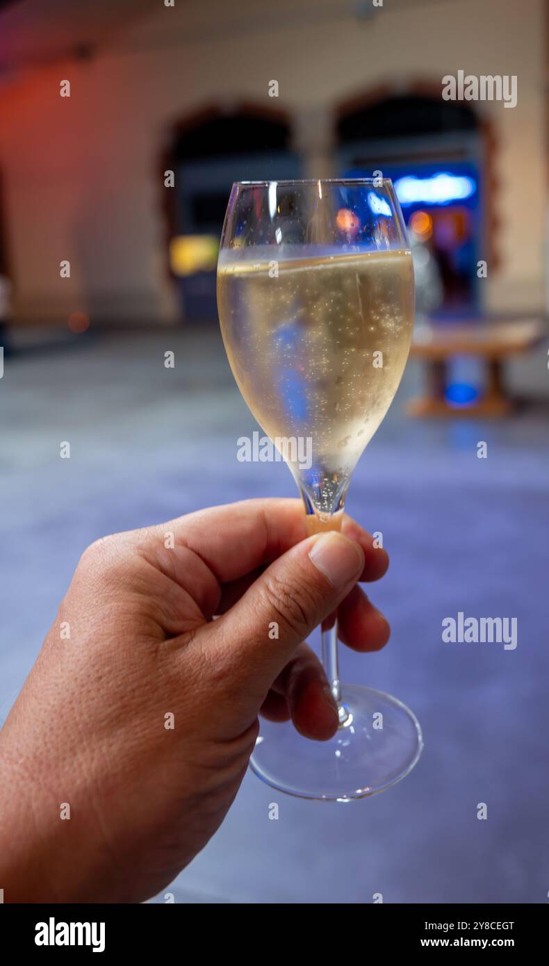 Tasting of brut and reserve grand cru champagne sparkling wine produced by traditional method in ...