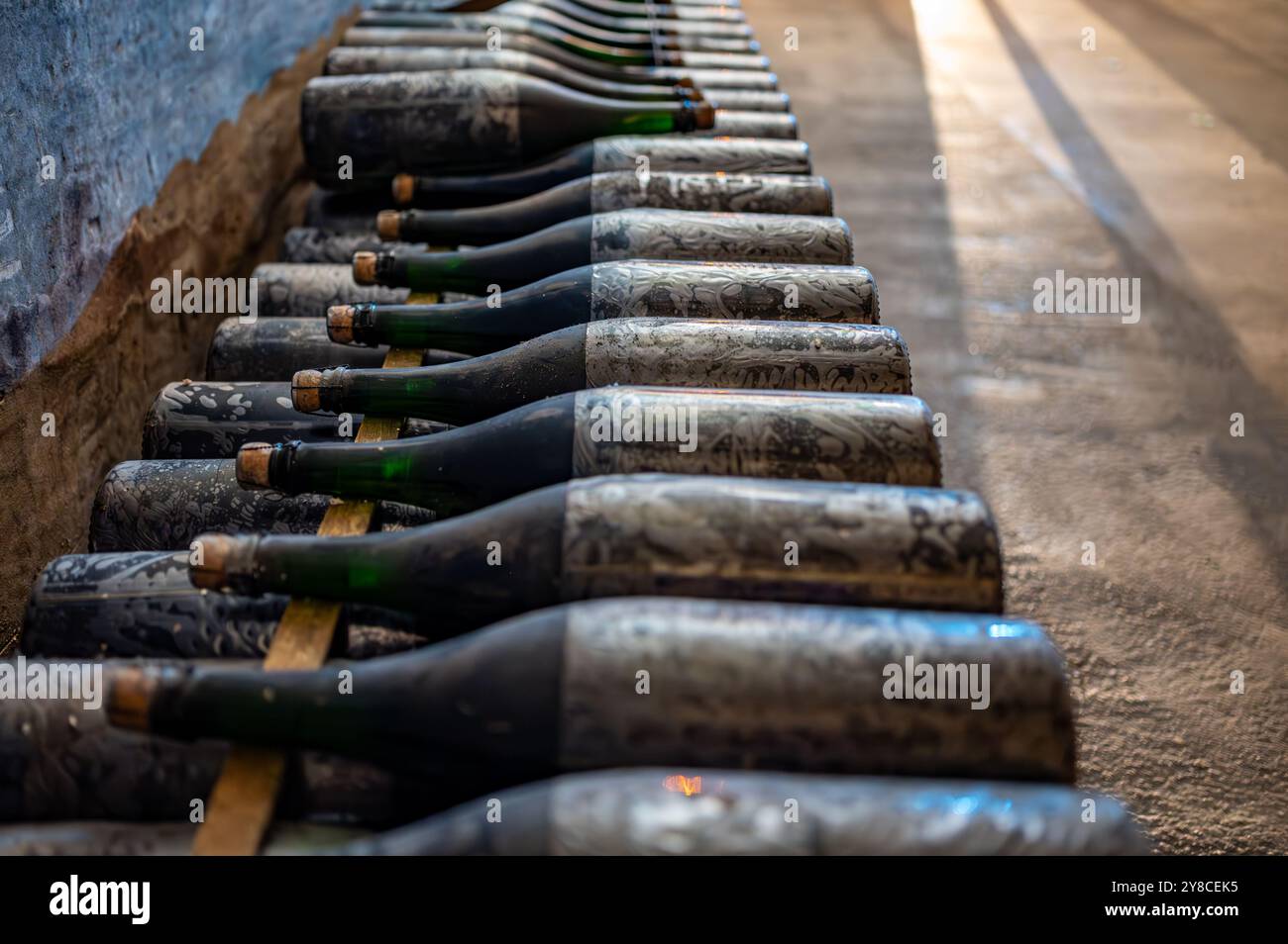 Visit of deep and long underground caves with dusty bottles on racks ...