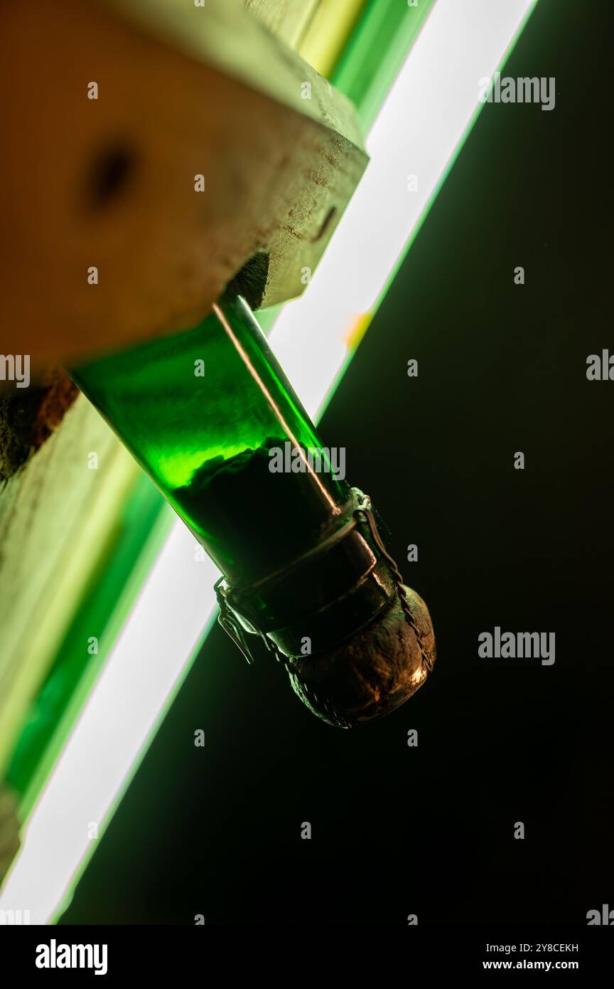 Champagne bottles on pupitre riddling racks in deep and long ...