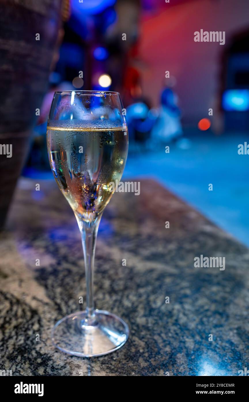 Tasting of brut and reserve grand cru champagne sparkling wine produced by traditional method in ...