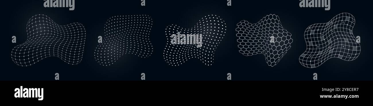 HUD futuristic distorted 3D elements surface grid set. Digital UI ...