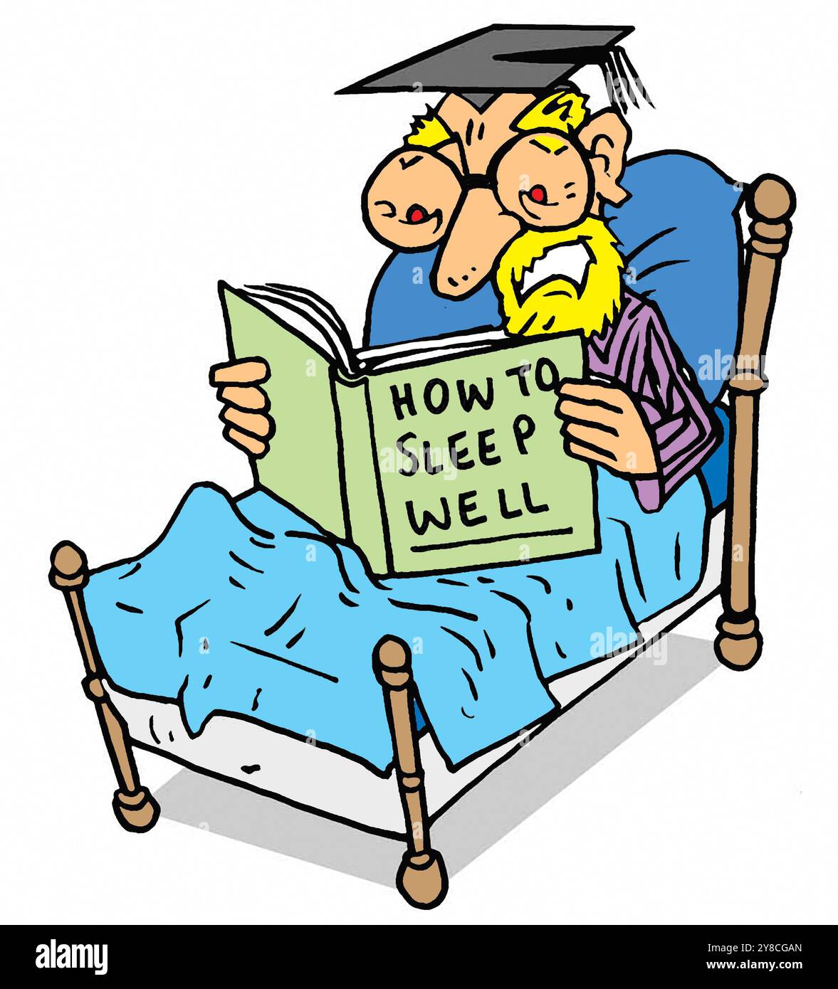 Art male teacher wearing traditional comic mortar board unable to sleep ...