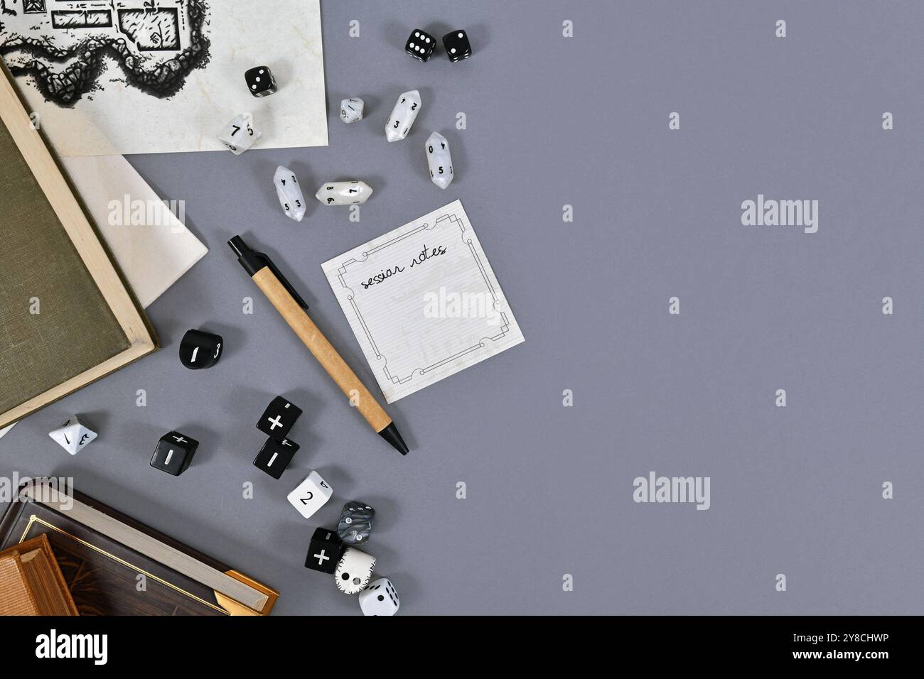 Tabletop role playing flat lay background with RPG dices, rule books ...