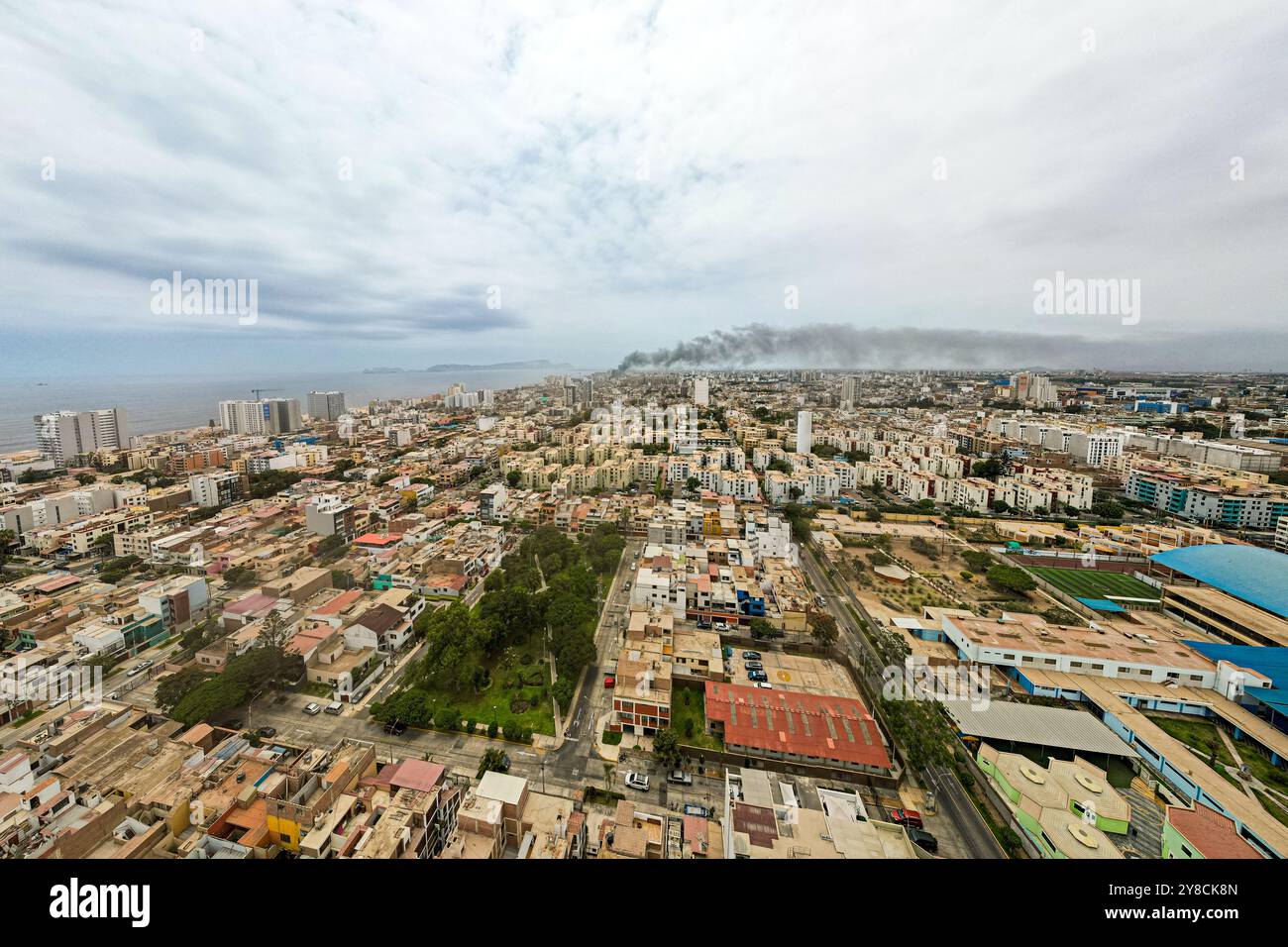 Lima, Peru; February 12, 2024: Dense Smoke Column in Wide Aerial ...