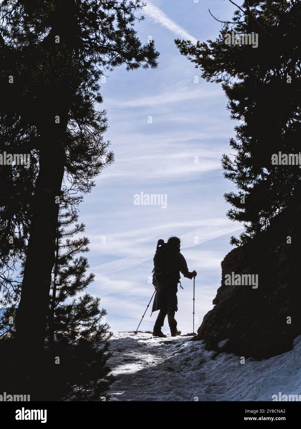Clear mountain spring water flows from a pipe into a metal cup placed ...