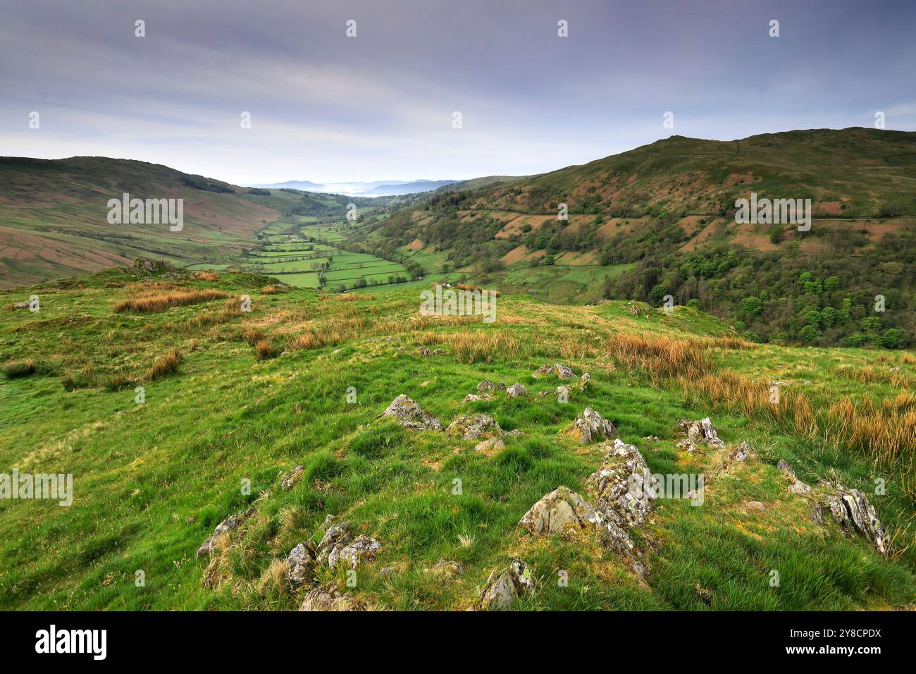 View over the Troutbeck valley, above lake Windermere, Lake District ...