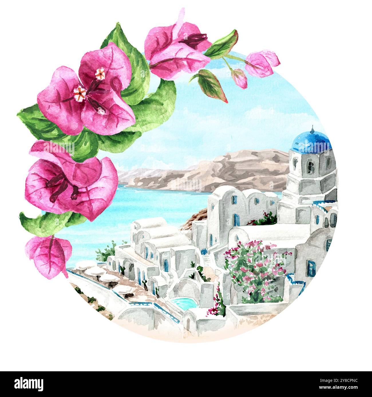Bougainvillea flower branch frame and Santorini island, Mediterranean ...