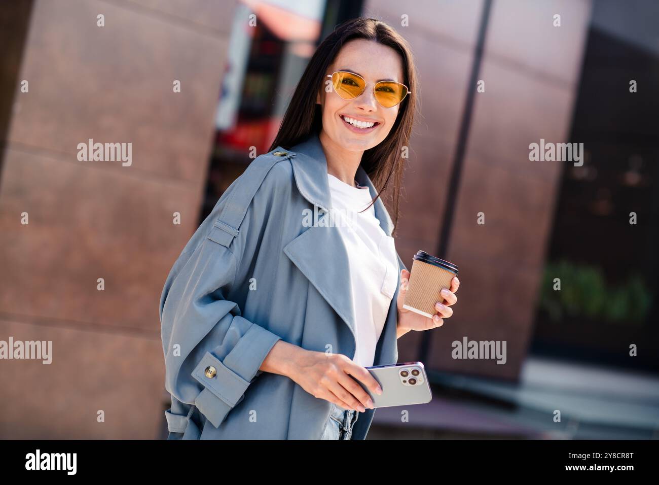 Photo of shiny attractive lady dressed grey coat chatting instagram ...