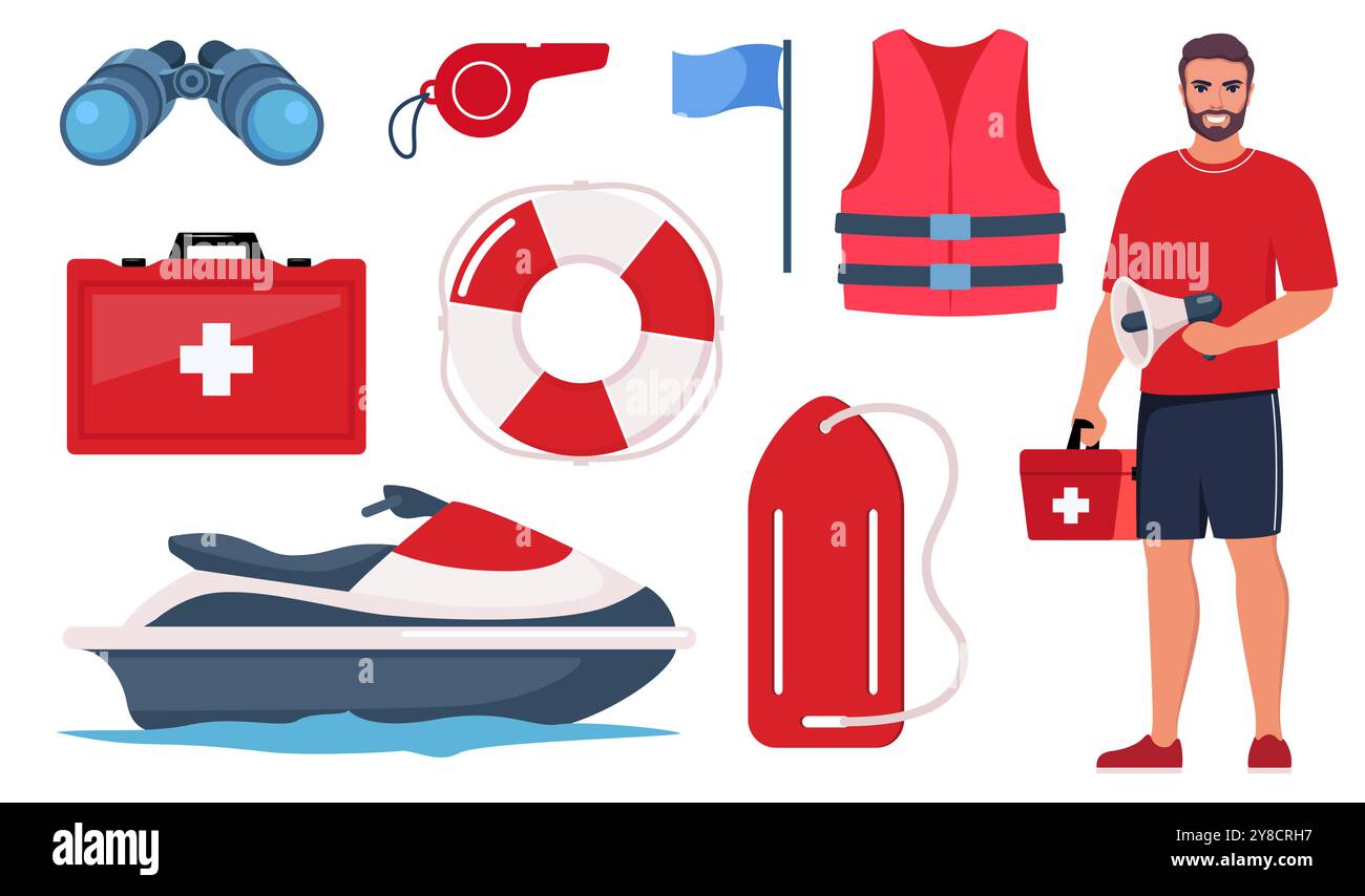 Beach lifeguards equipment set. Loudspeaker, sunglasses, lifebuoy ...