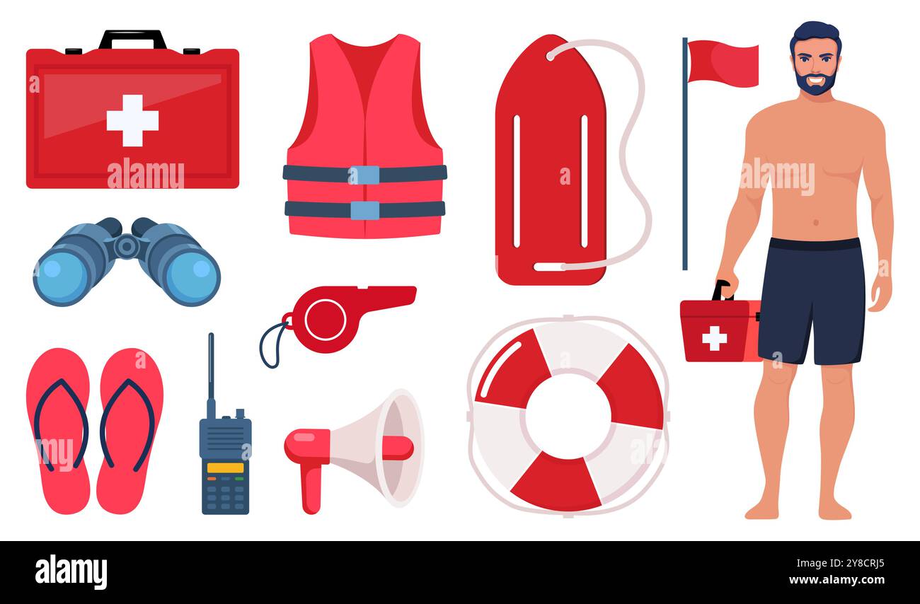 Beach lifeguards equipment set. Loudspeaker, sunglasses, lifebuoy ...